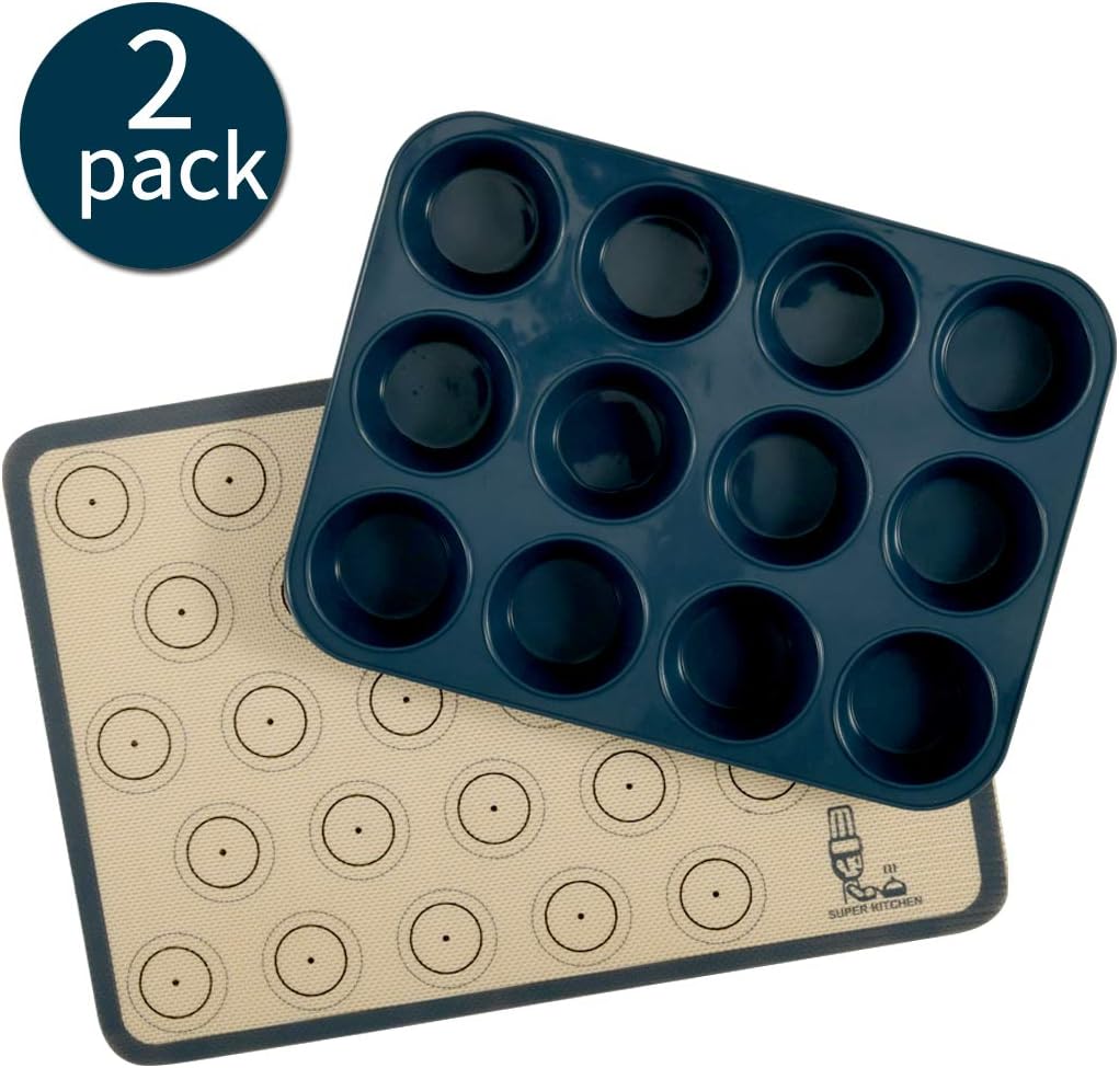 Large Silicone Muffin Tray 12 Cup and Baking Mat Macaron Cookie Sheet ...