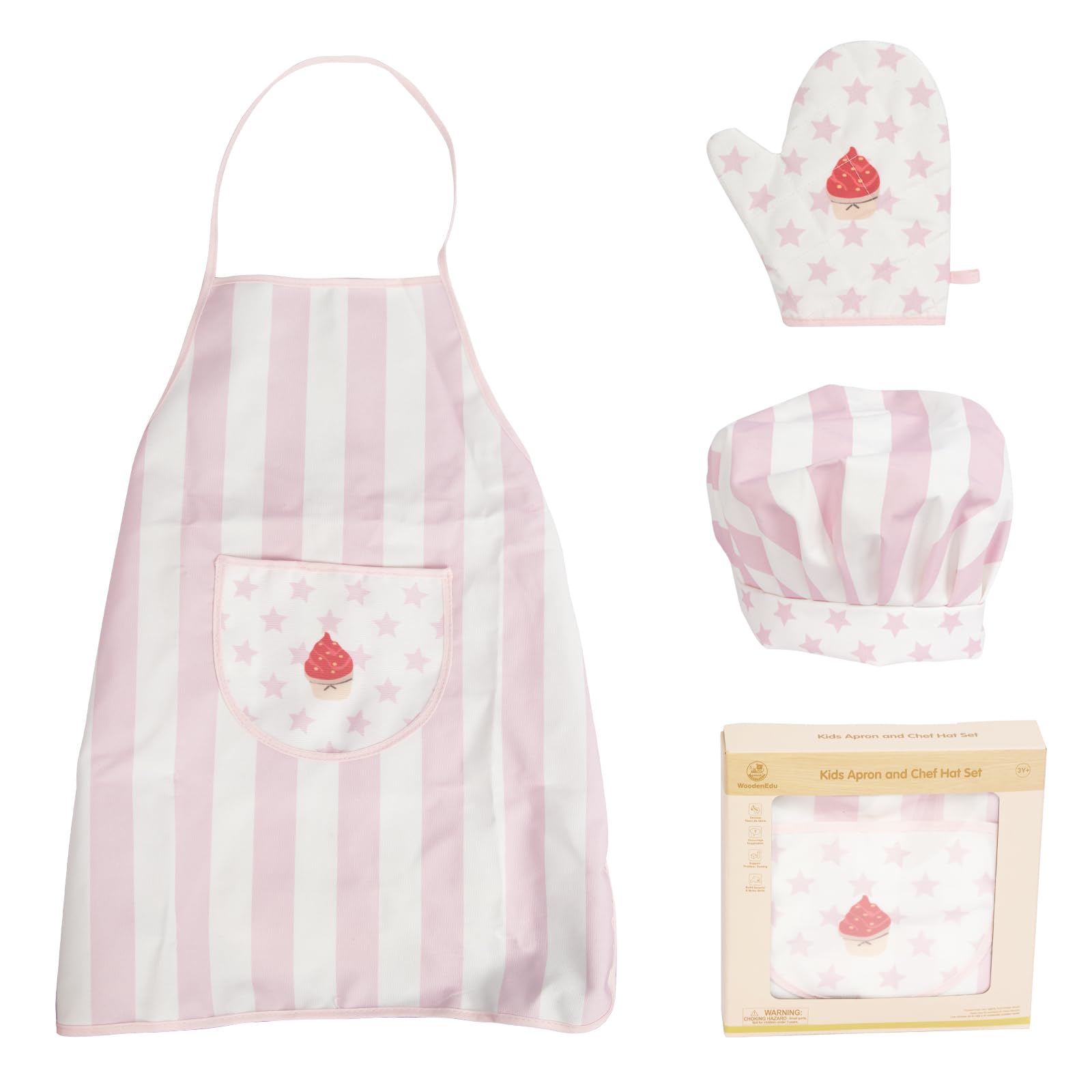 WoodenEdu Kid Apron and Chef Hat Set, 3 Pcs Children Cooking Baking Set ...