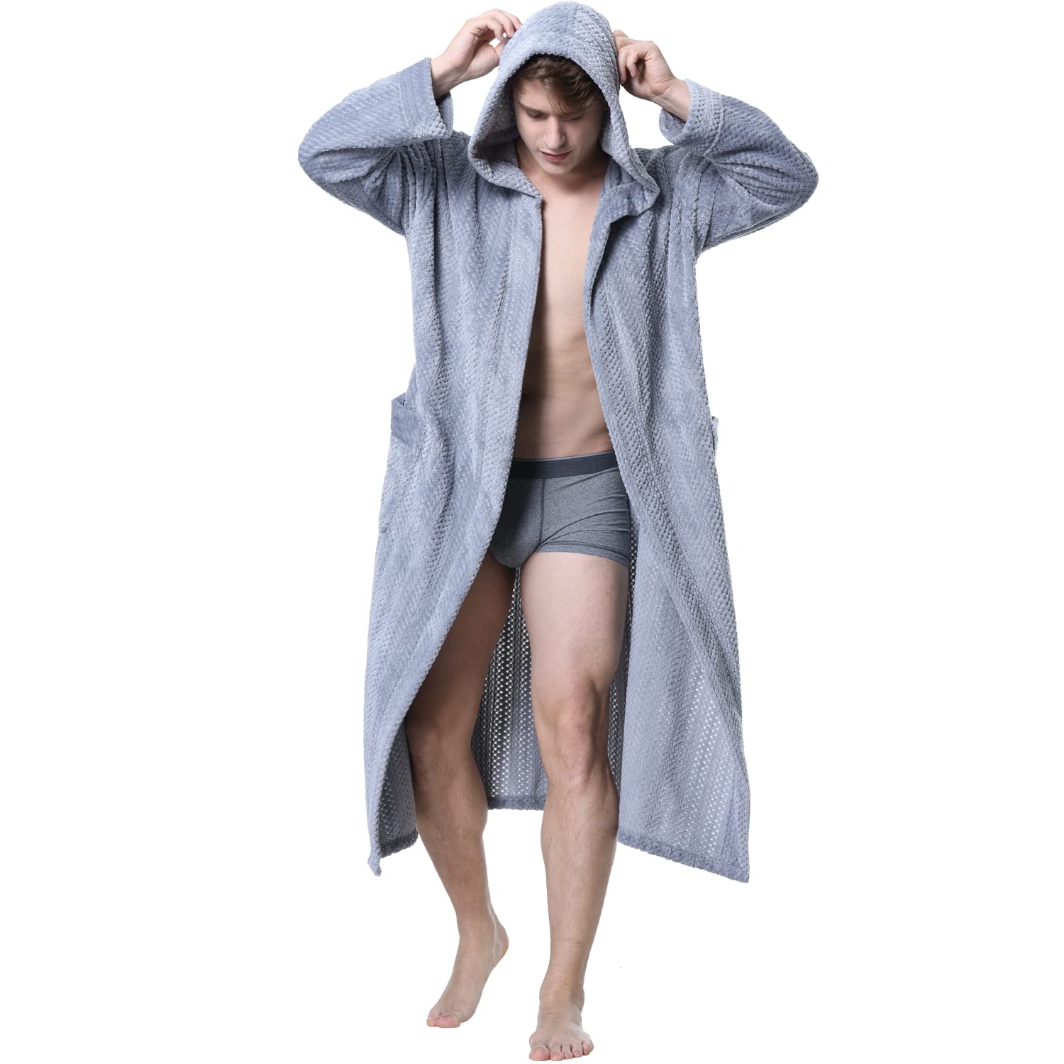 KEMUSI Hooded Herringbone Men's Fish Scale Grey Soft Spa Long Bathrobe ...