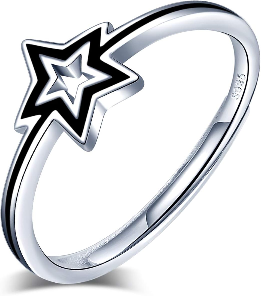 925 Sterling Silver Adjustable Black Star Ring for Women and Girls ...
