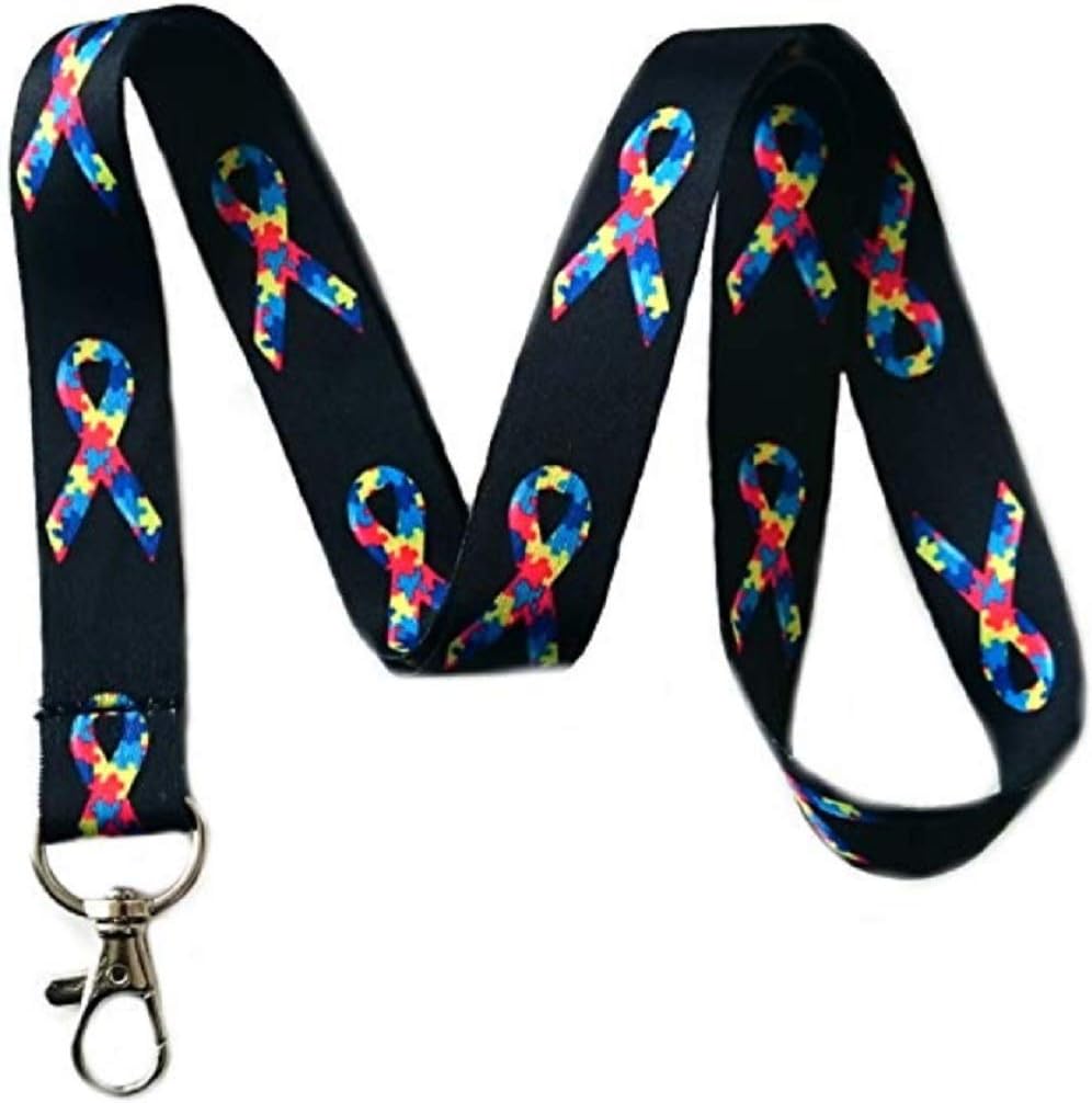 Autism Awareness Ribbon Print Lanyard Key Chain Id Badge Holder (Black ...