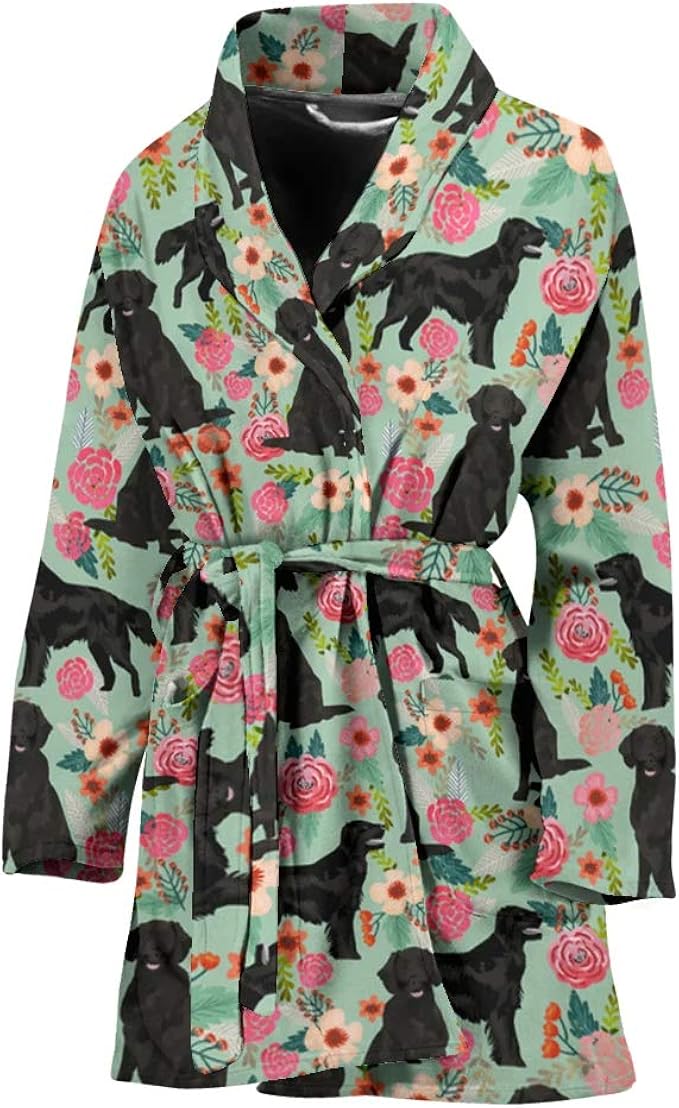 FlatCoated Retriever Dog Floral Print Women's Bath Robe (Universal Fit ...
