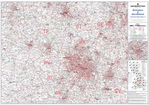 Birmingham and West Midlands Postcode Sector Map 13 – Laminated Wall Map – BigaMart