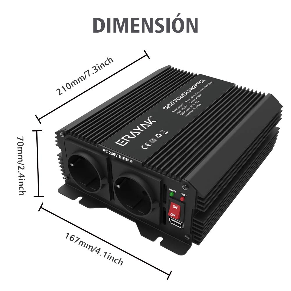 150W~300W ERAYAK Inversor de Corriente 12v 220v con Puerto USB con 2 AC Tomas y Encendedor ...