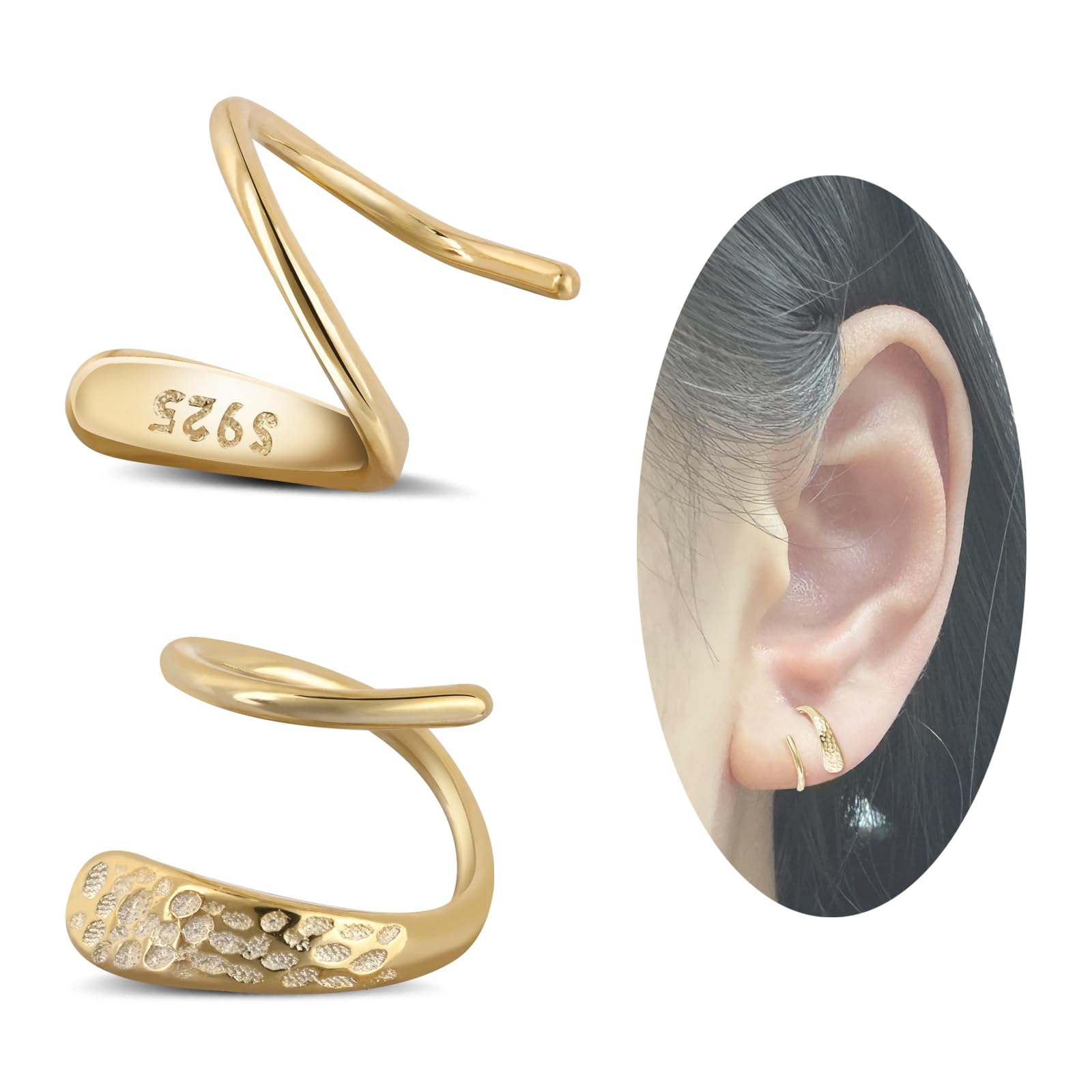 Desnuage Tiny Double Hoop Earring Small Hammer Texture 14K Gold Plated Hypoallergenic Spiral ...