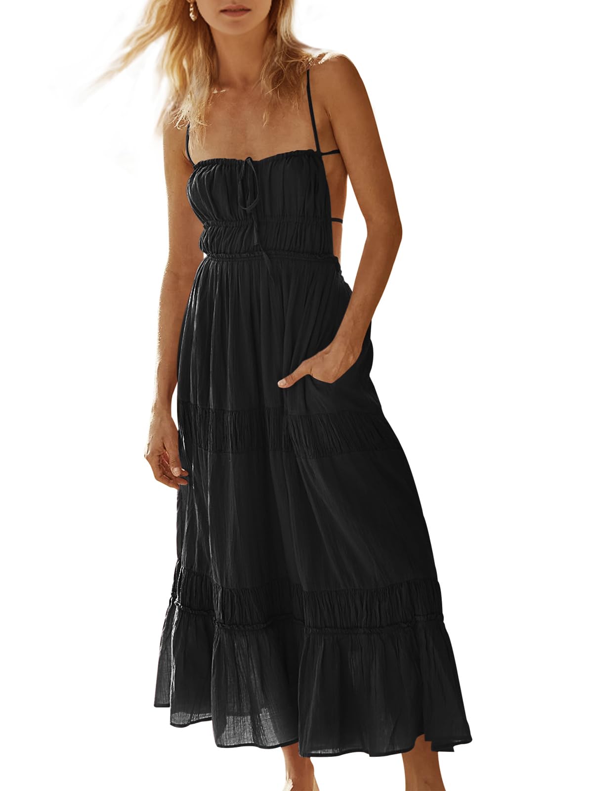 Wenrine Womens Summer Beach Dresses Backless Spaghetti Straps Self Tie ...