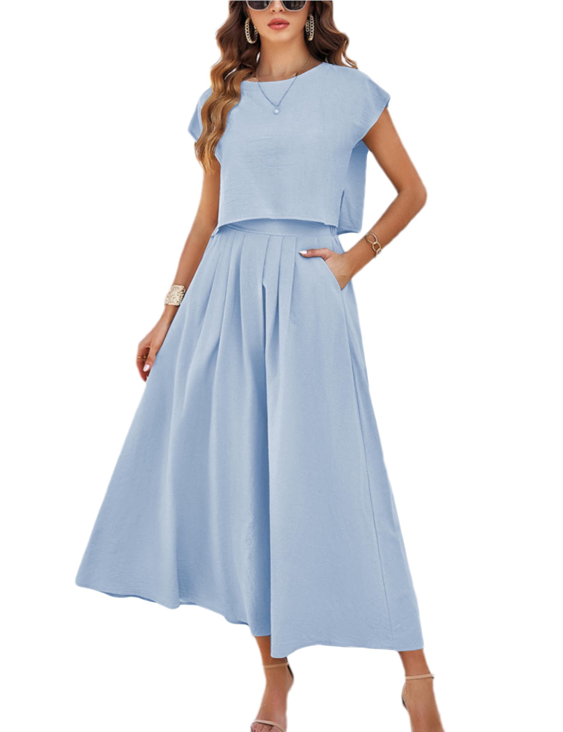 HangNiFang Summer Skirt Sets Women 2 Piece Outfits Cap Sleeve Top ...