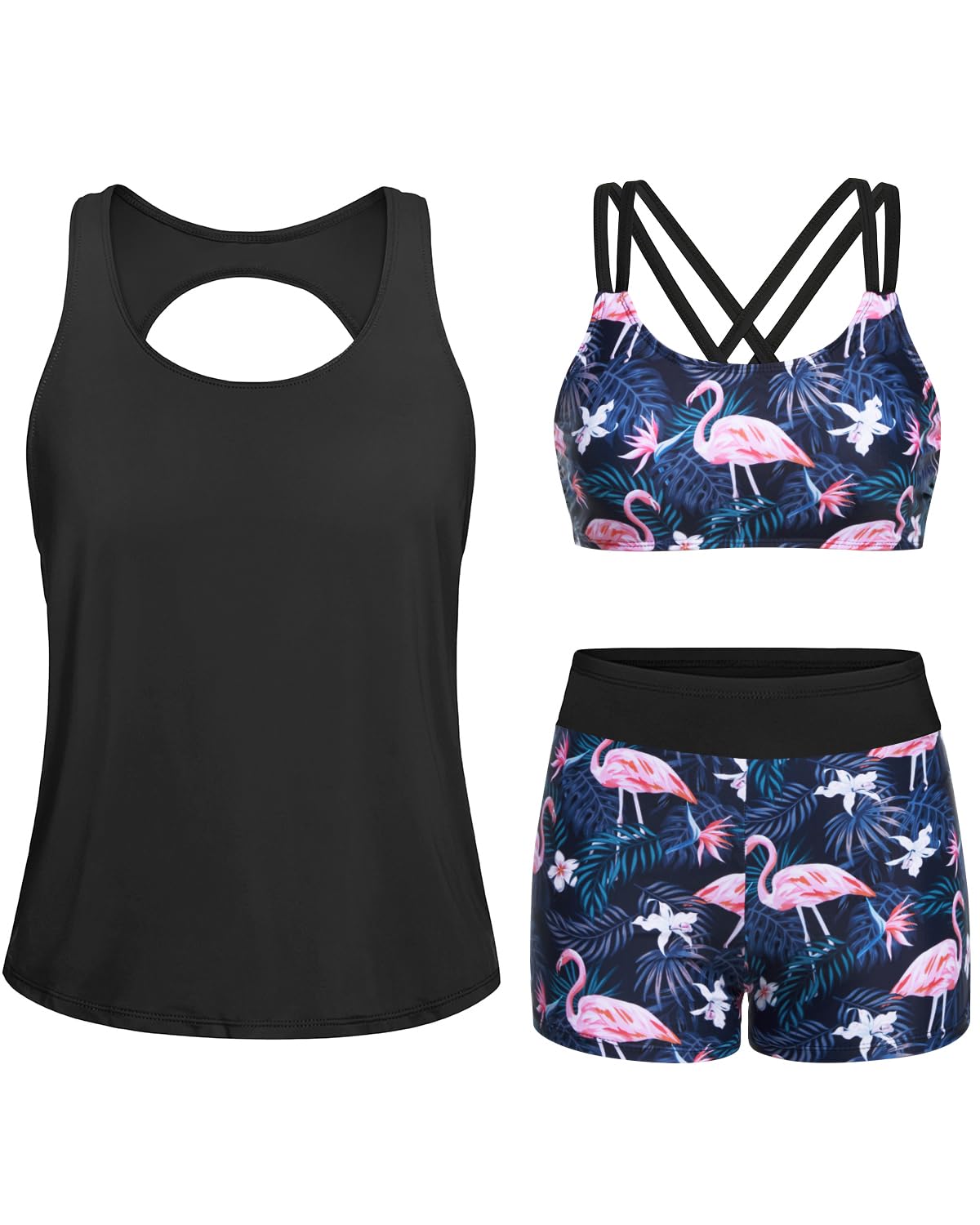 Yonique Tankini Swimsuits for Women 3 Piece Bathing Suits Swim Tank Top ...