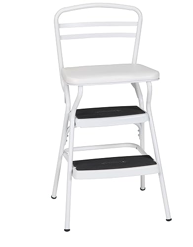 Cosco Stylaire Retro Chair + Step Stool with Flip-Up Vinyl Seat, White ...