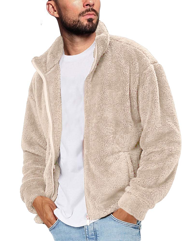 Mens Fuzzy Sherpa Jacket Cardigan Fleece Long Sleeve Full Zip Open ...