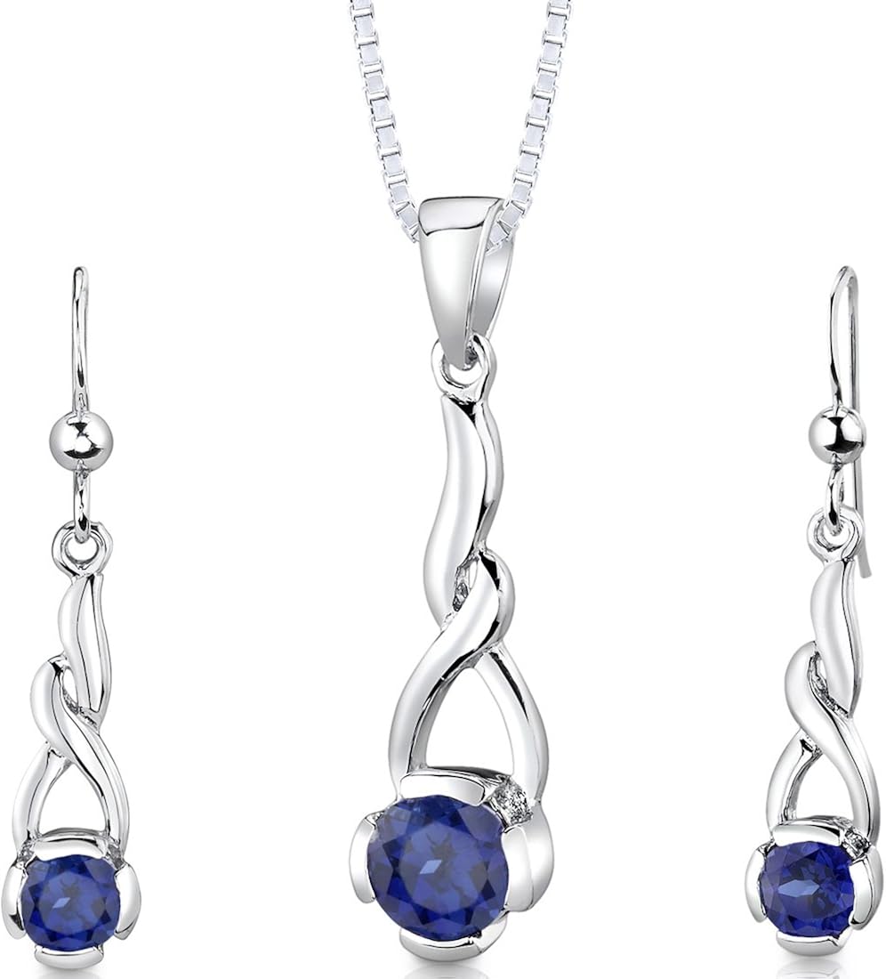 Revoni Sterling Silver Round Shape Sapphire Pendant Earrings and 46 CM ...