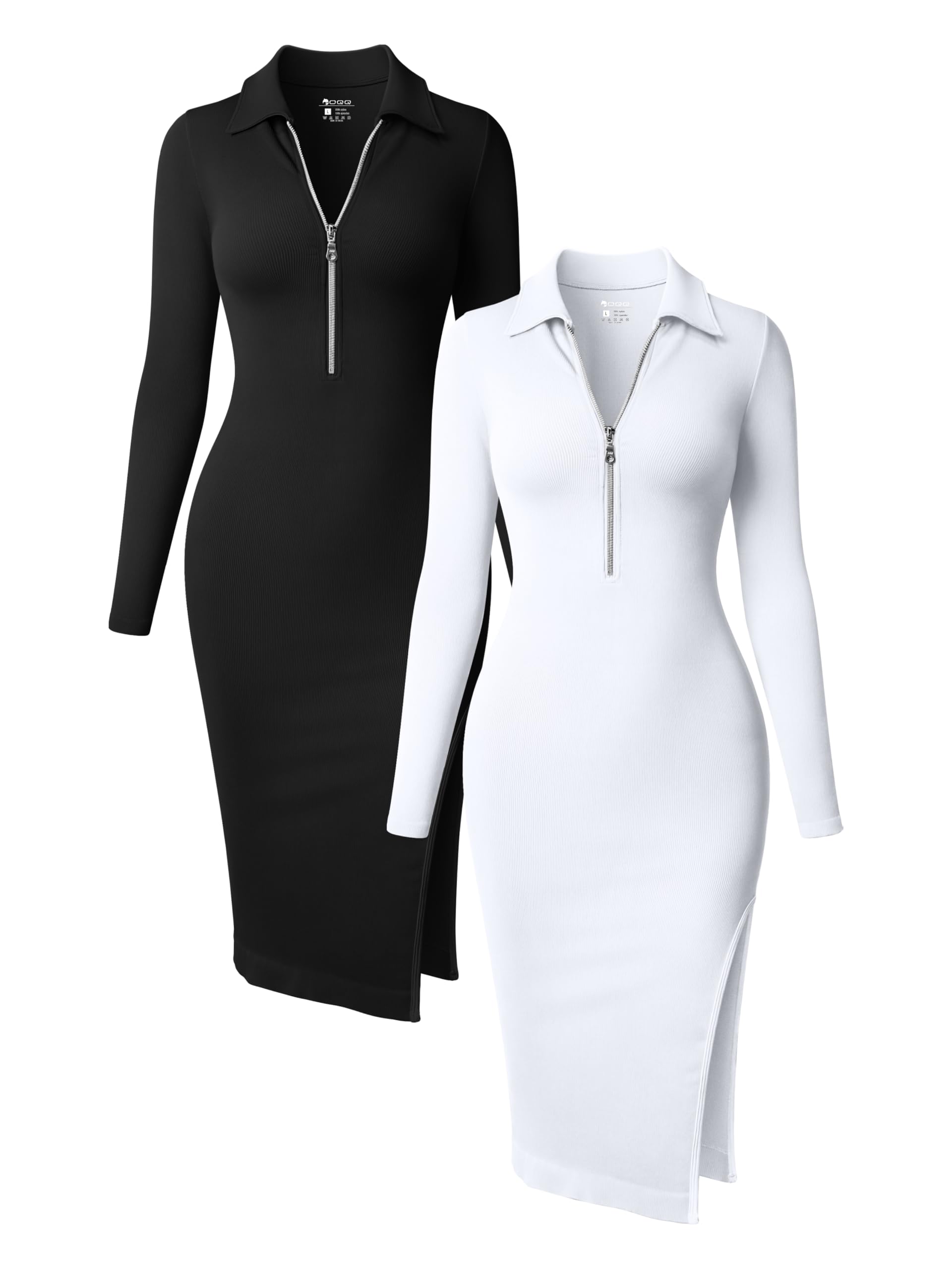 OQQ Women's 2 Piece Zipper Long Sleeve Midi Dress Ribbed Bodycon Side ...