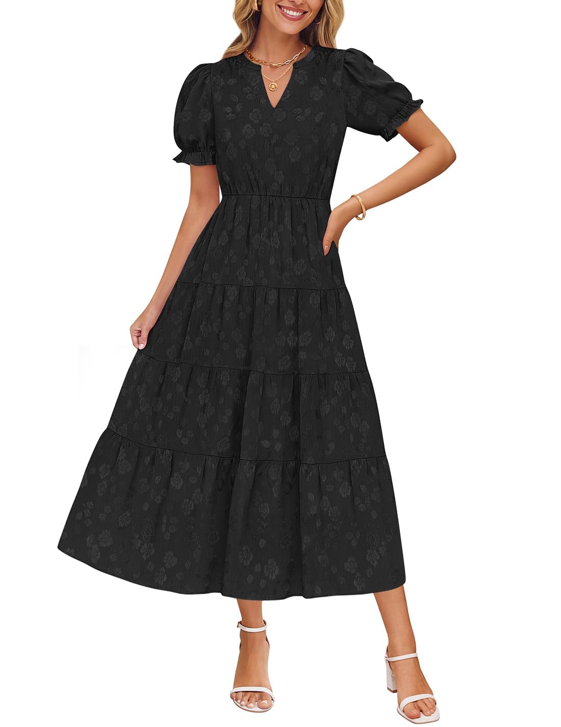 ZESICA Womens 2025 Summer Puff Short Sleeve Midi Dress Floral V Neck Textured Ruffle Flowy Beach ...