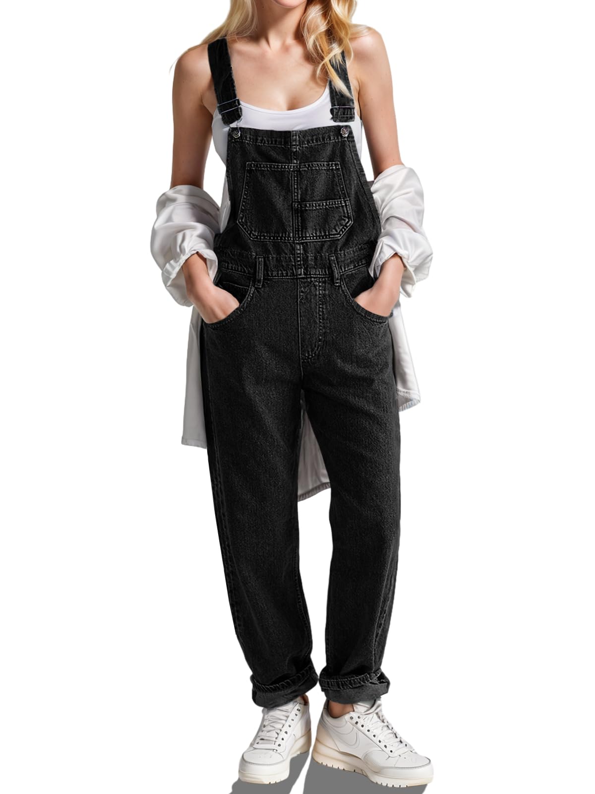 PLNOTME Women's Casual Denim Overalls Adjustable Straps Jeans Pants ...