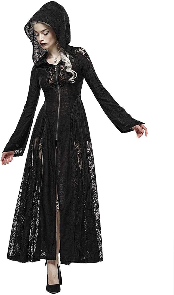Punk Rave Womens Long Gothic Hooded Cloak Jacket Dress Black Shredded ...