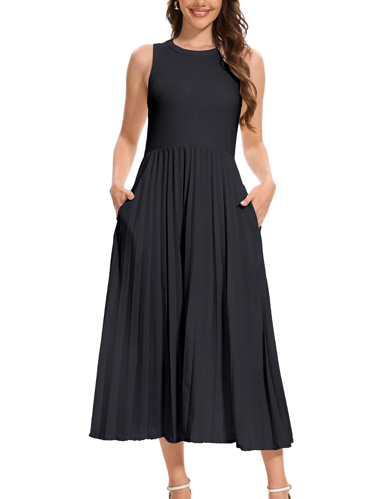 HOULENGS Women's Sleeveless Maxi Dress Patchwork Knit Tank Top Flowy ...