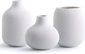 Amazon.com: White Ceramic Vase Set of 3,Small Ribbed Vases for Rustic ...