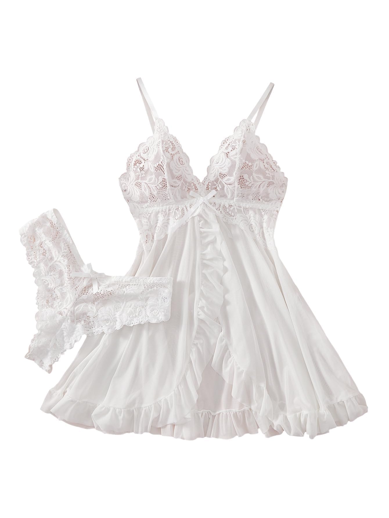 Foxiny Sexy Open Front Ruffle Sheer Mesh Lace Wireless Babydoll ...