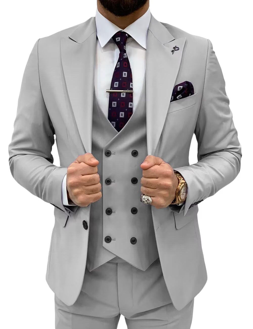 TIJOFA Silver Grey Slim Fit Suits for Men 3-Piece Men's Silver Grey ...