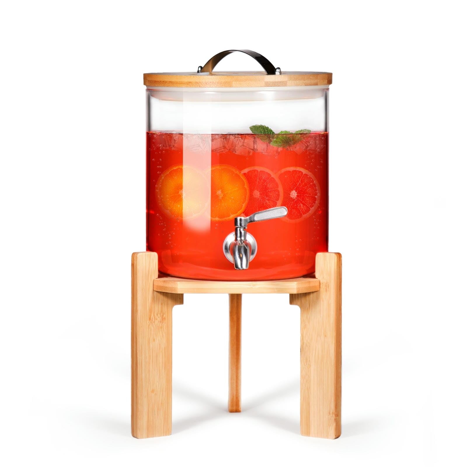Glass Beverage Dispenser with Bamboo Stand 6.7 In and Lid, Iced 1.5 ...