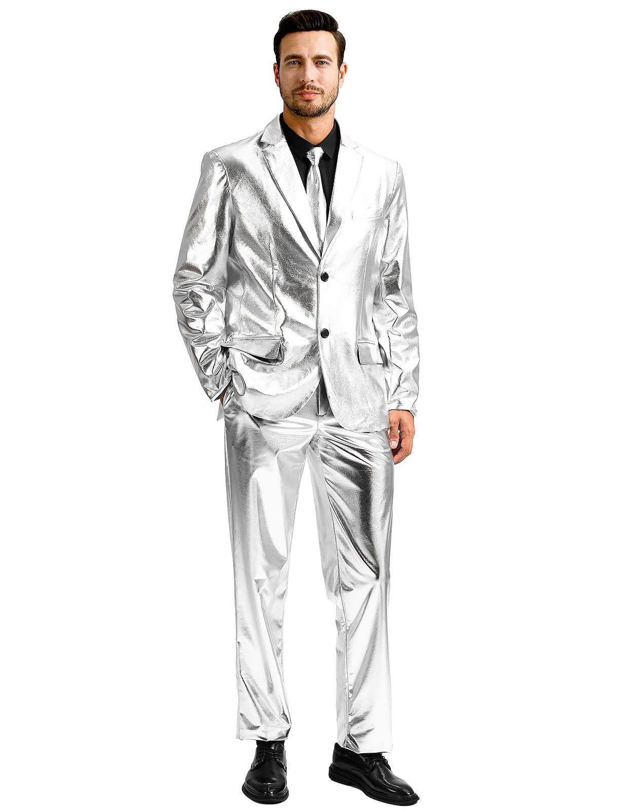 Fashonal Silver Suit for Men Disco Costume Outfits, Metallic Suit ...
