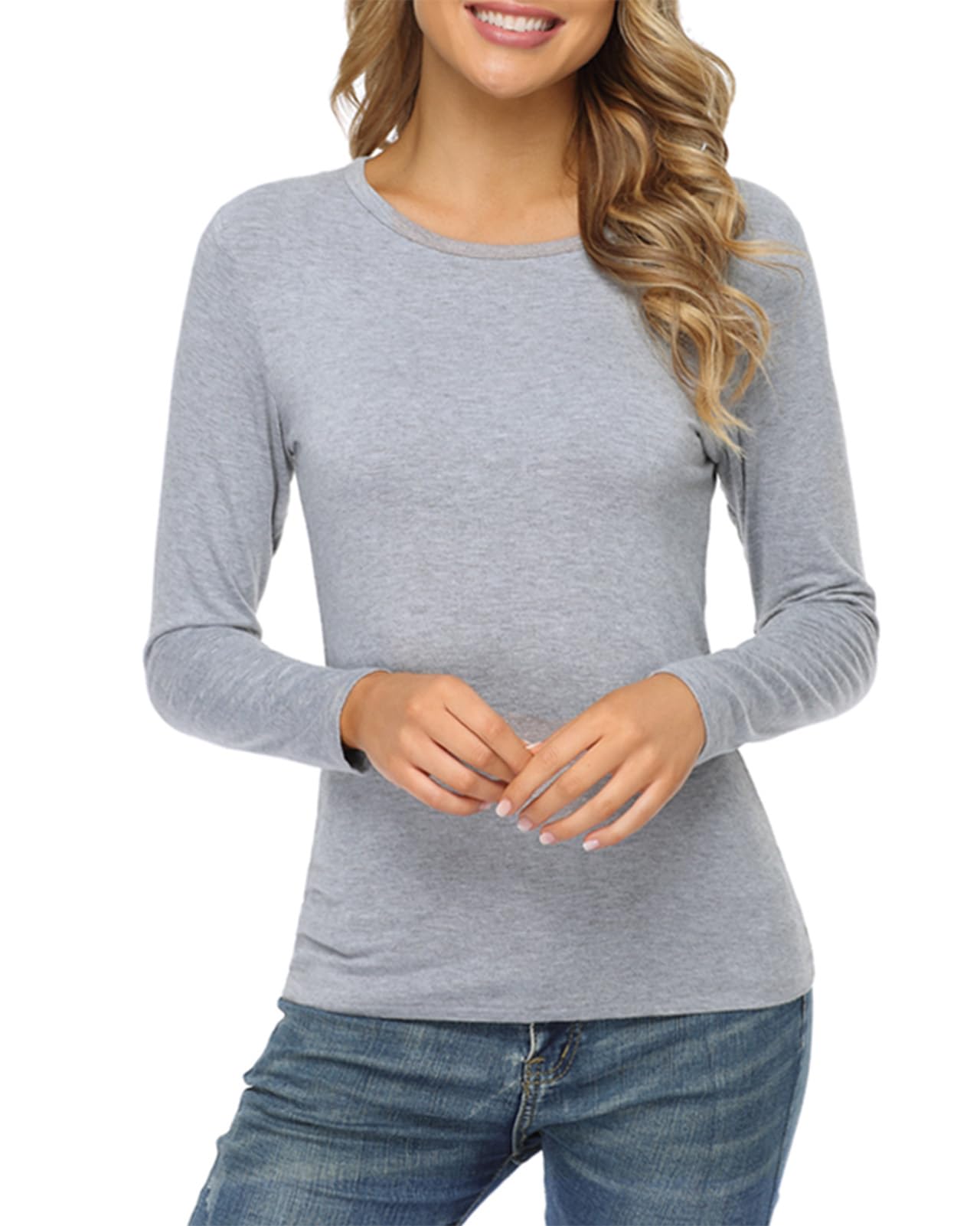 Fuinloth Women's Basic Long Sleeve T Shirts, Crewneck Slim Fit Spandex ...