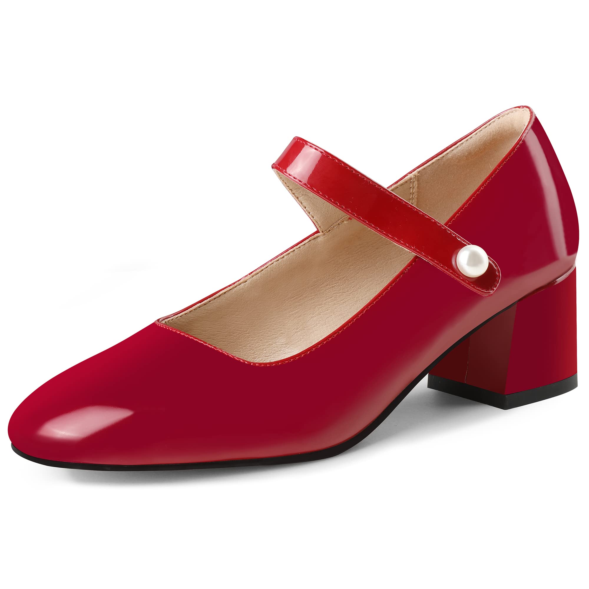 Naiyee Red Mary Janes for Women Chunky Heel Mary Janes Ankle Strap ...