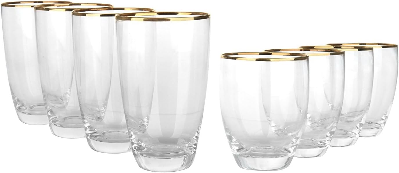 8 Piece Gold Rim Glasses- 4x Gold Rim Hiball Glasses + 4 x Gold Rim ...