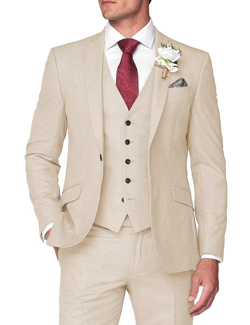 HUUTOE Mens 3 Piece Slim Fit Suits Beige Suits for Men 3 Piece Suit ...