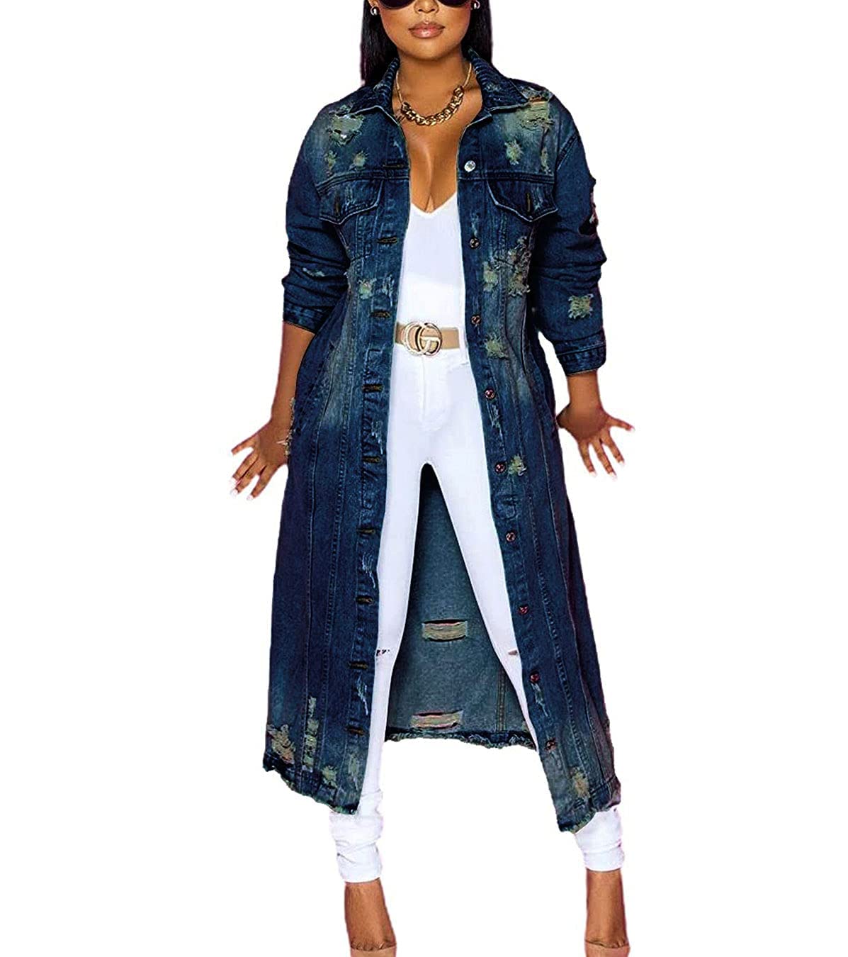 ebossy Women's Ripped Out Distressed Washed Long Blue Denim Jacket ...