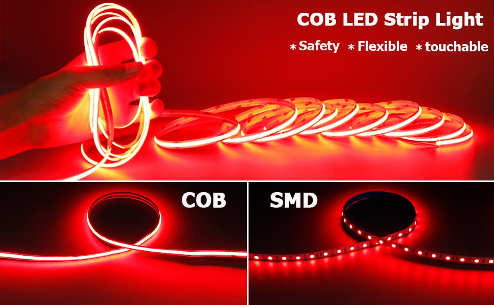 TOPAI 24V Red COB LED Strip Waterproof IP65 Outdoor 16.4ft Super Bright Dotless High Density ...