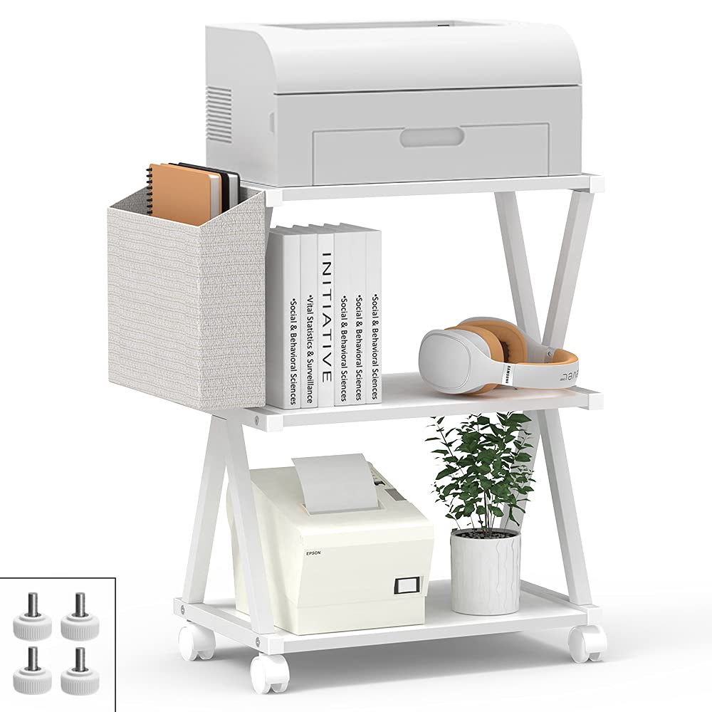 VEDECASA White Mobile Printer Stand 3 Tier Wood Shelf Metal Frame ...
