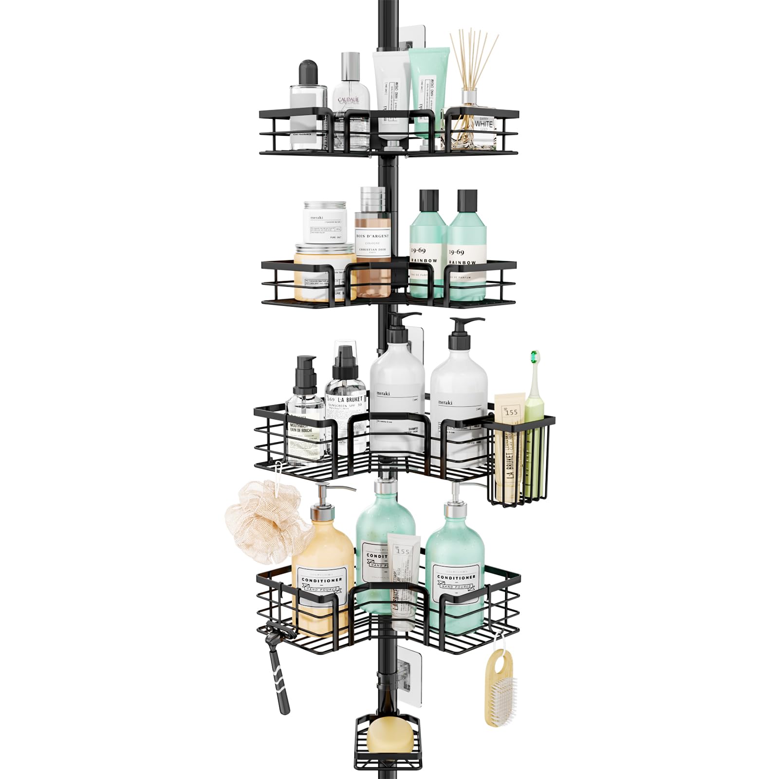 SWTYMIKI Shower Caddy Tension Pole - 4-Tier Corner Shower Organizer Tension Rod with Soap Holder ...