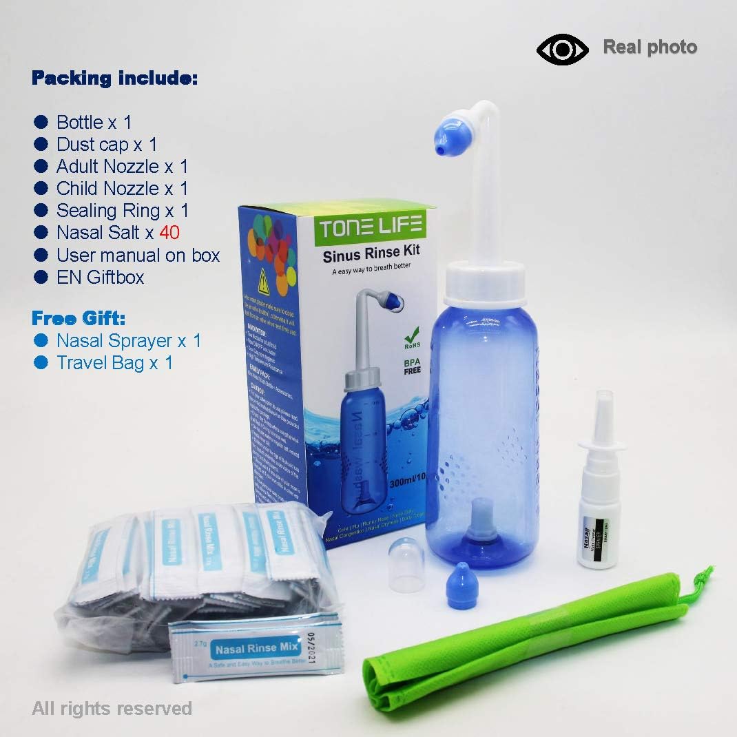 Neti Pot,Sinus Rinse Kit + 40Packets Nasal Salt+ Moisturizing Nasal ...
