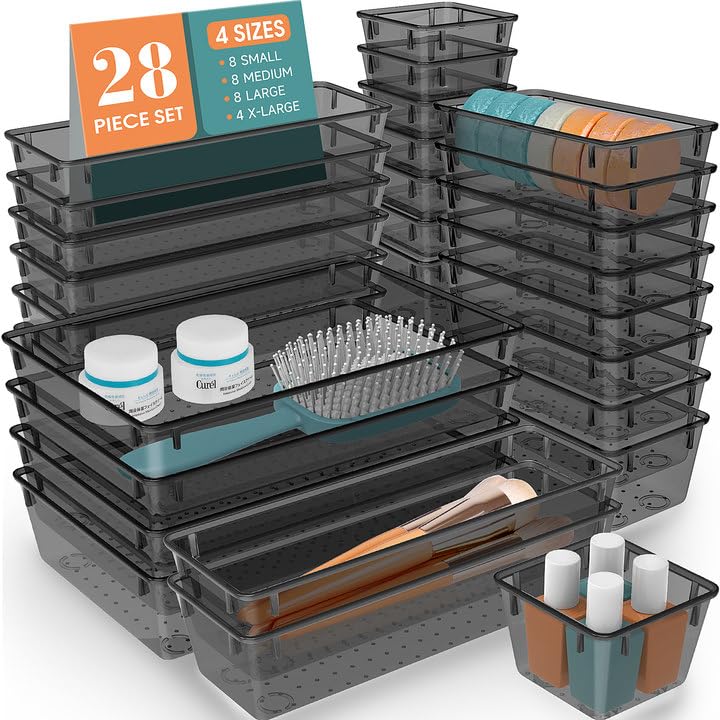 WOWBOX 28 PCS Clear Plastic Drawer Organizer Set, 4 Sizes Desk Drawer ...
