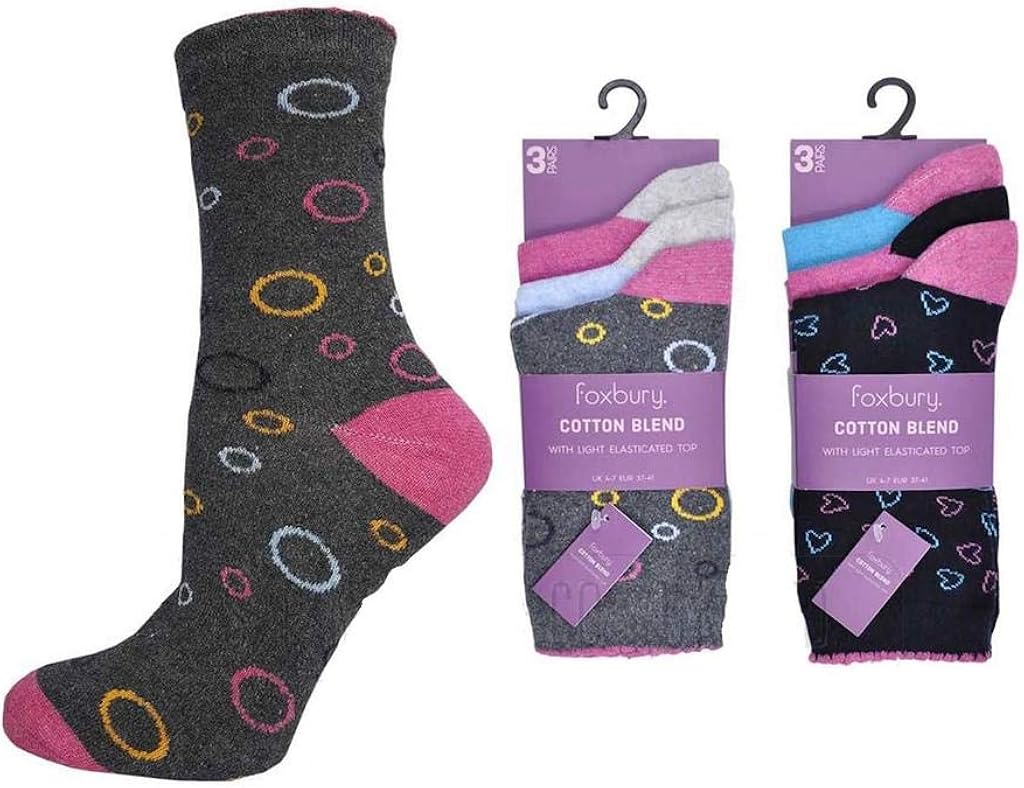 Ladies 3 Pairs Luxury Coloured Fancy Design Socks Womens Cotton Blend ...