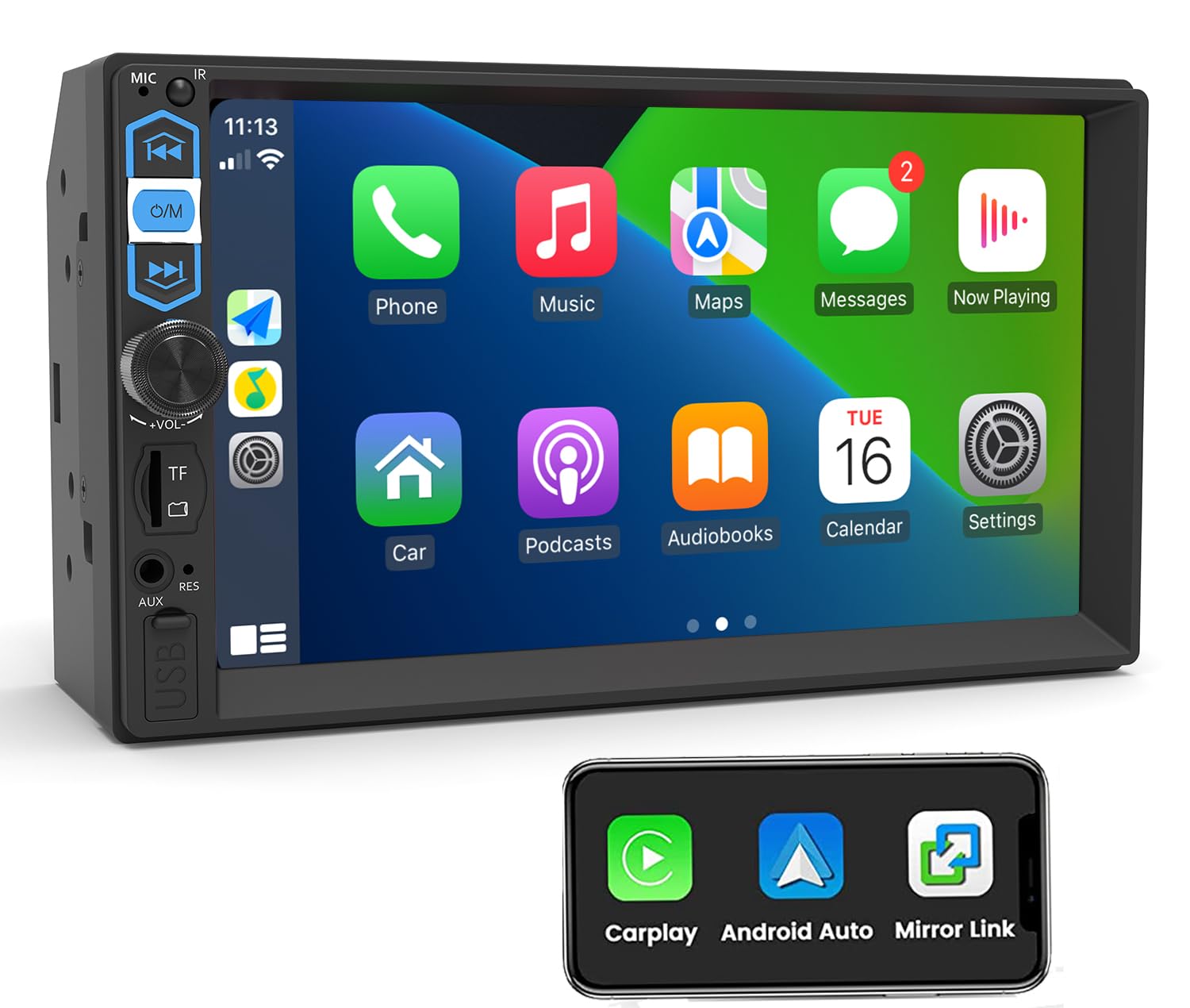 Naifay Double Din Car Stereo with Carplay Android Auto Voice Control, 7inch HD Touch Screen Car ...