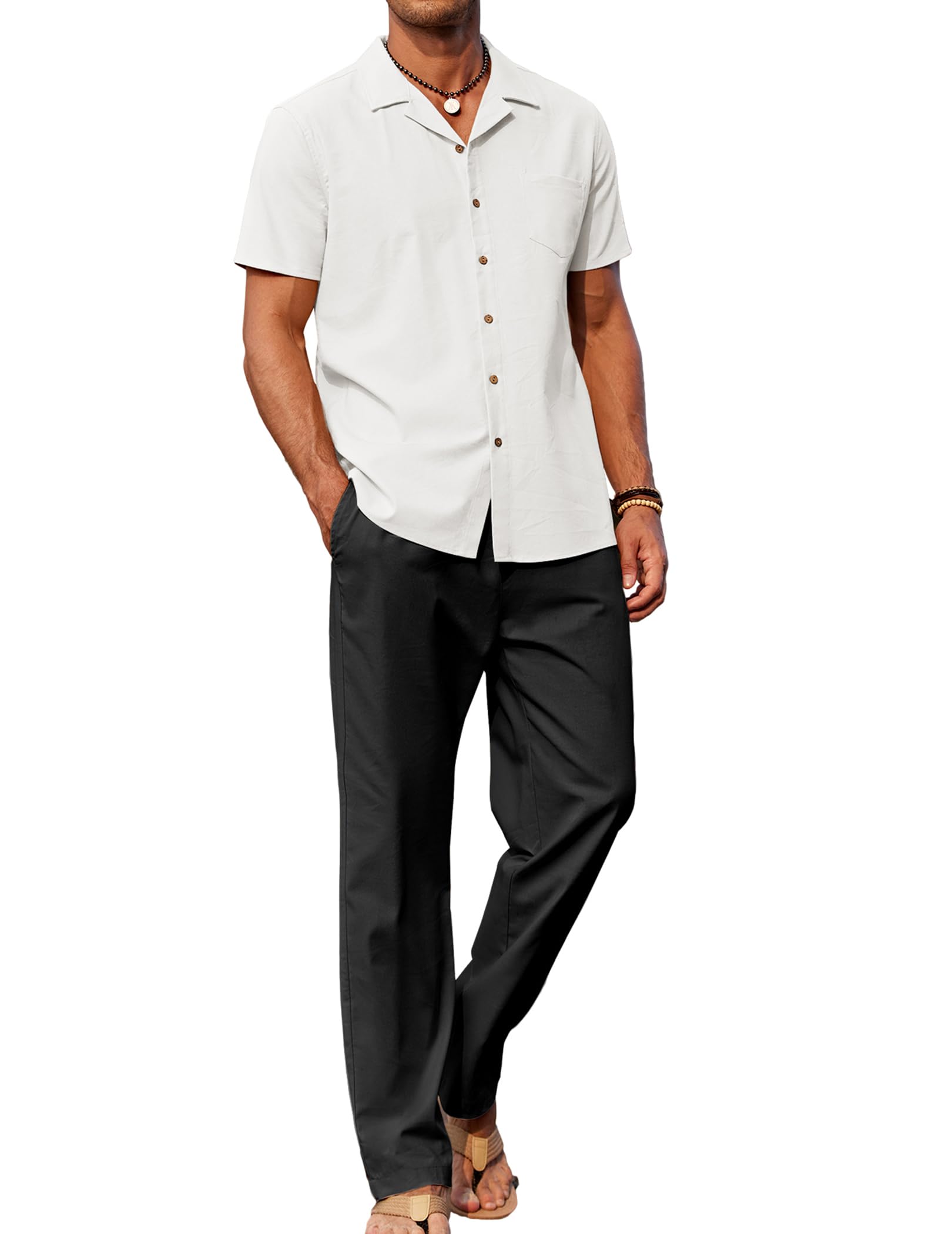 COOFANDY Men's Linen Outfits Guayabera Cuban Loose Pants Sets 2 Piece ...