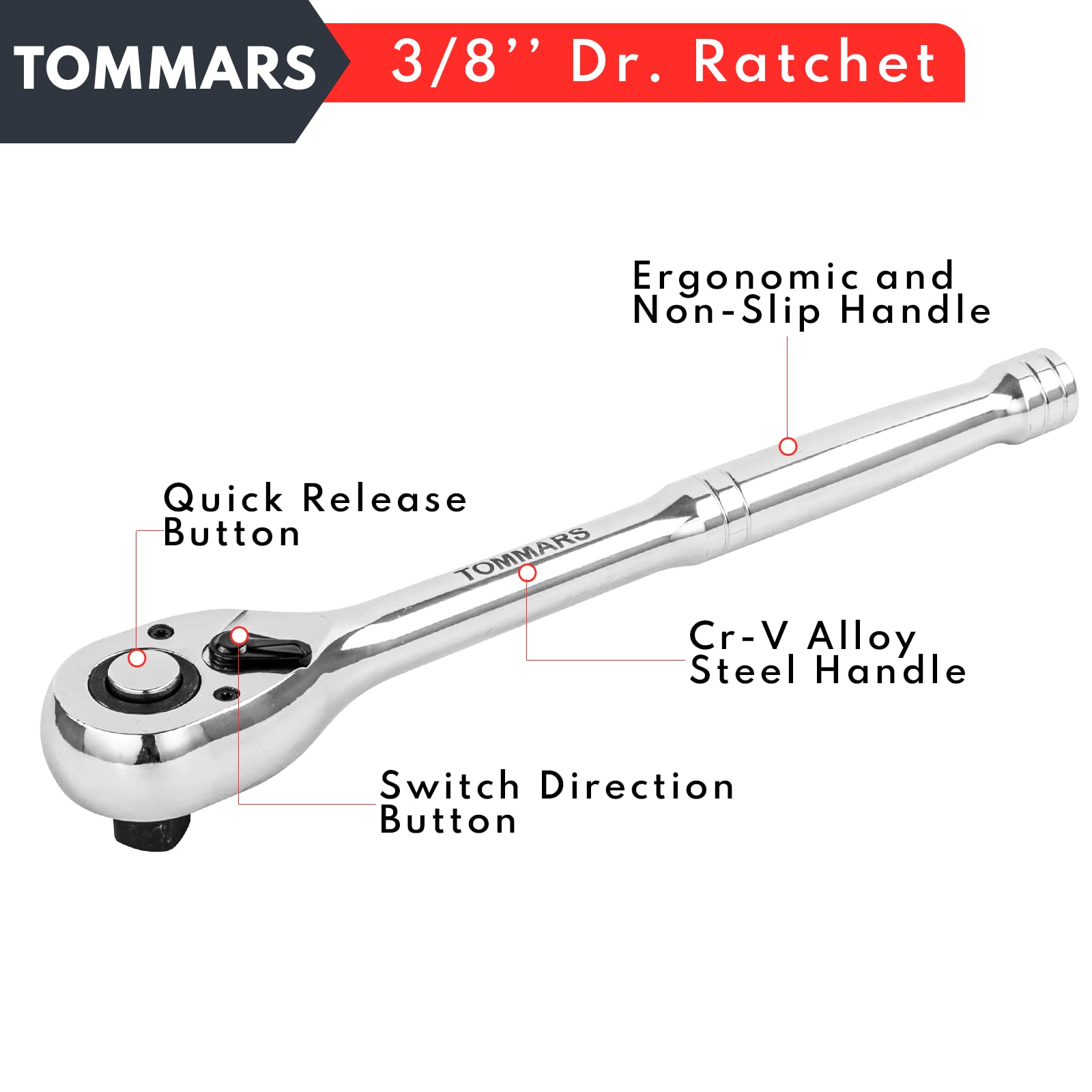 Mua TOMMARS 3/8 inch Drive Ratchet, 72-Tooth Quick-Release Socket ...
