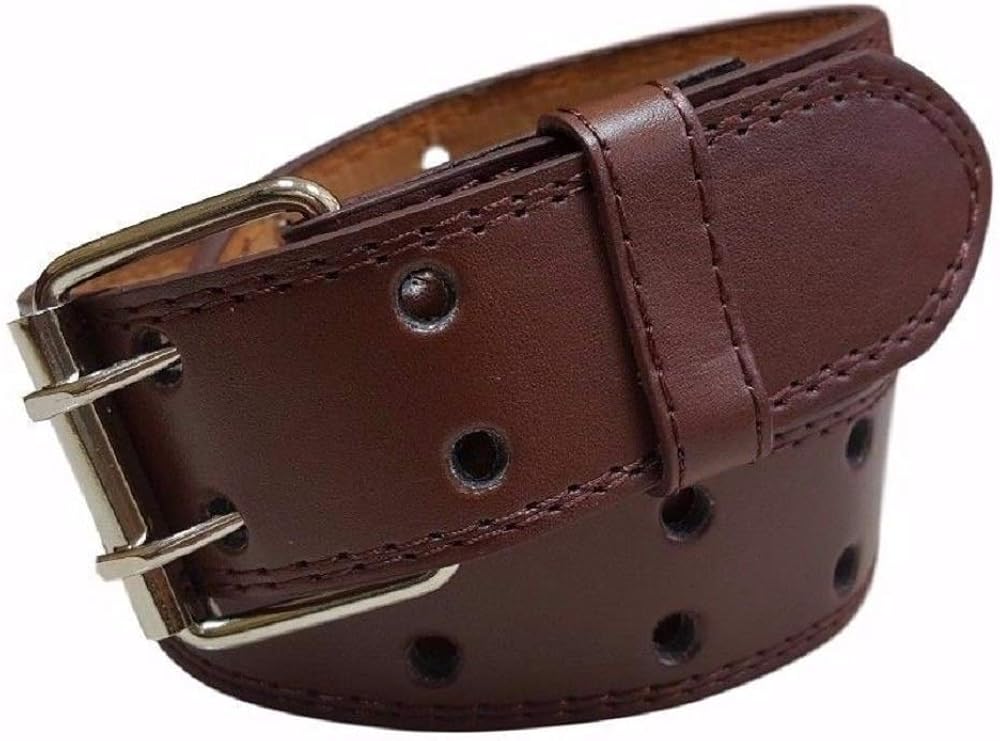 Sale Genuine Leather Two Prong Double Row Holes Casual Plain Brown Belt ...