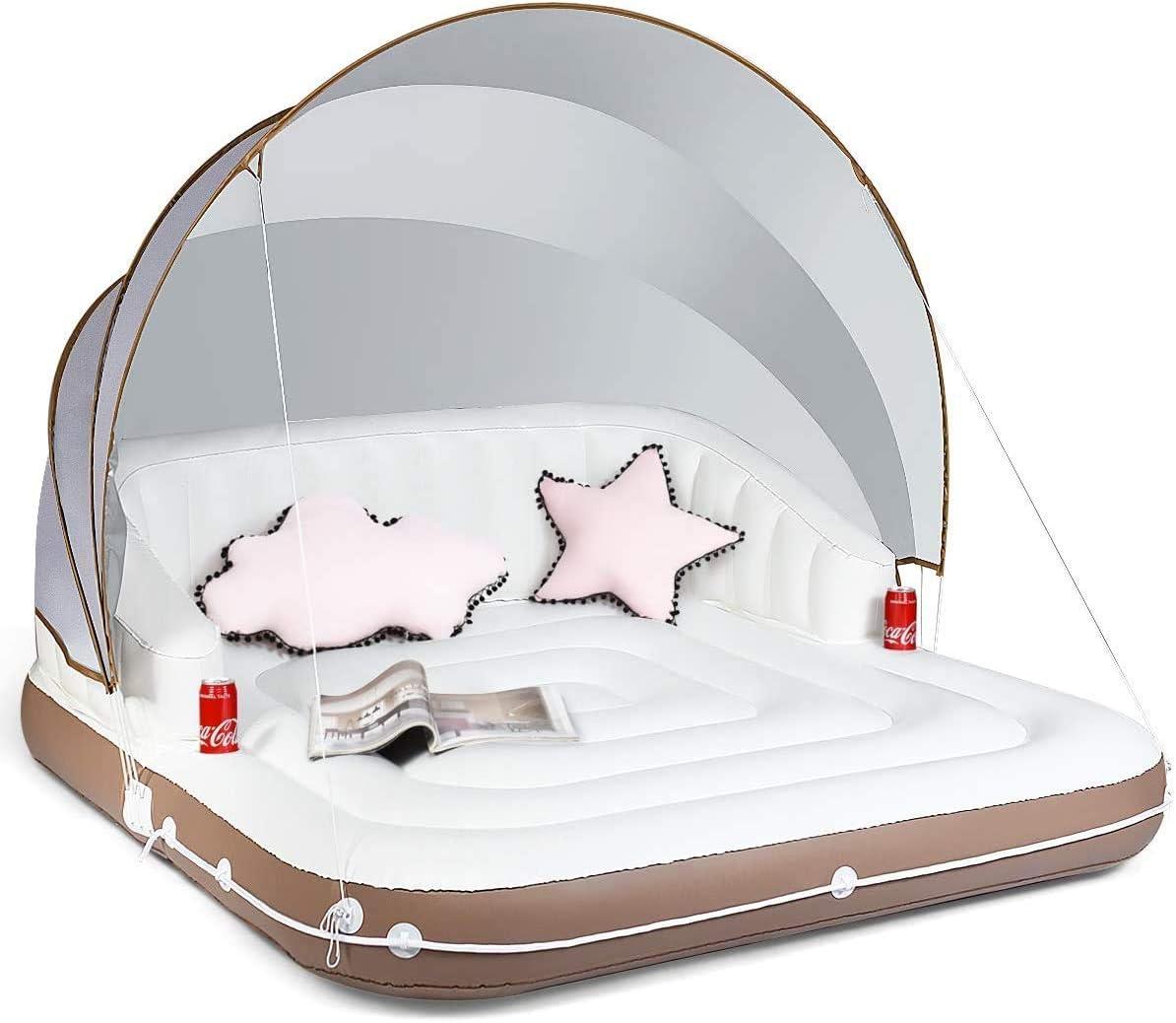 GYMAX Floating Pool Bed Lounge, Inflatable Island Raft with Retractable ...