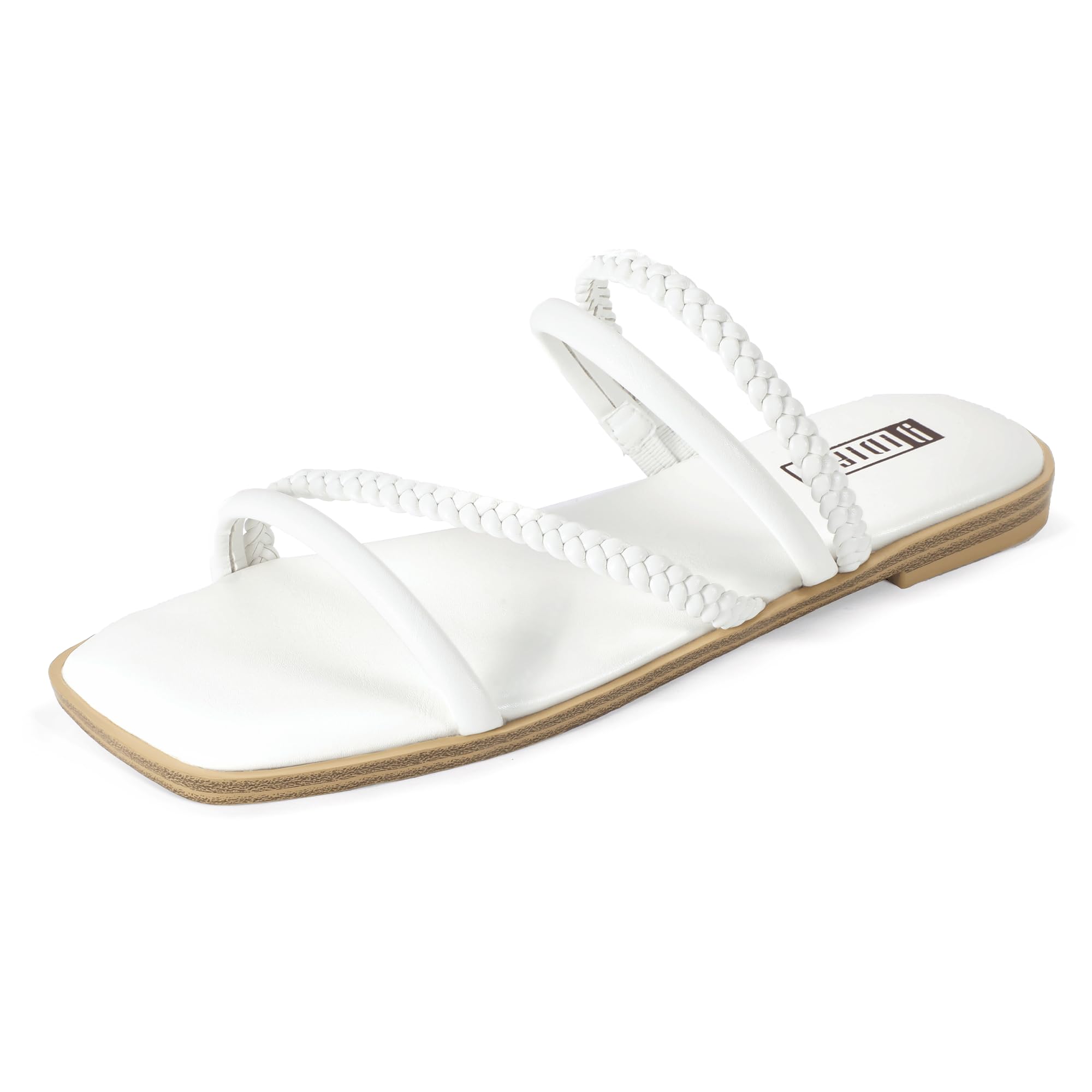 IDIFU White Braided Strappy Flat Sandals for Women Square Open Toe Slip ...