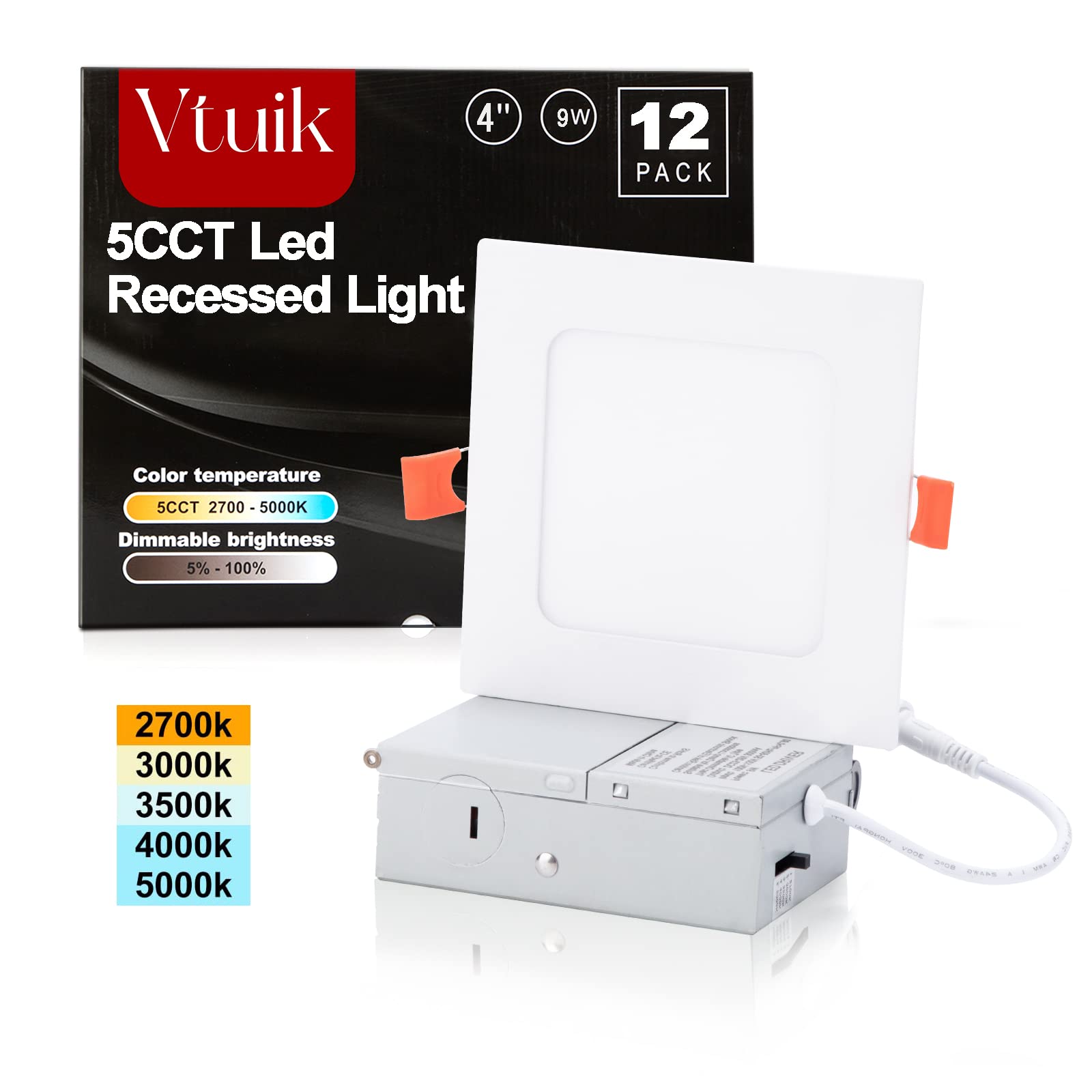 Vtuik 12 Pack 4 inch 9W Square LED Can Light Retrofit with Junction Box ...