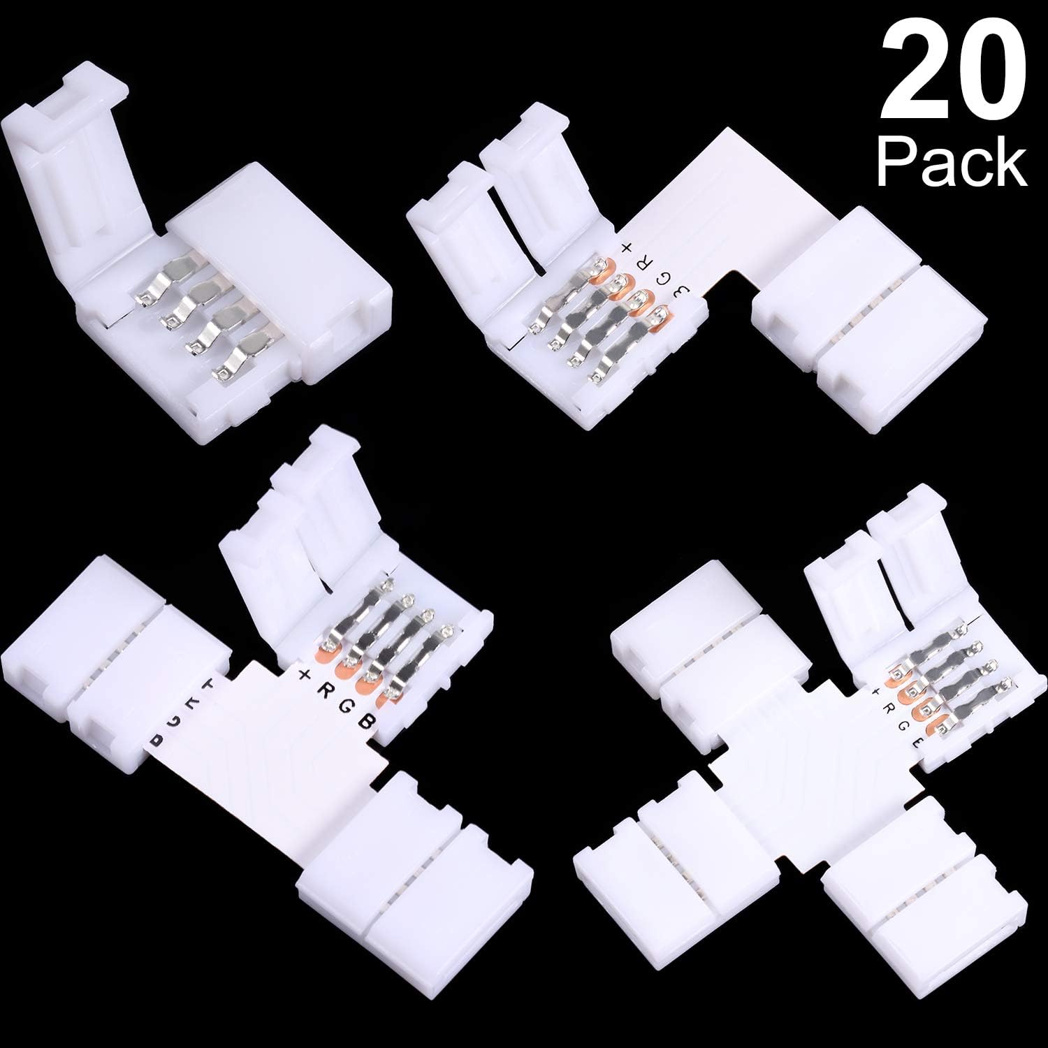 20 Pieces 4 Pin LED Strip Connector, 10mm Gapless Connector Solderless ...