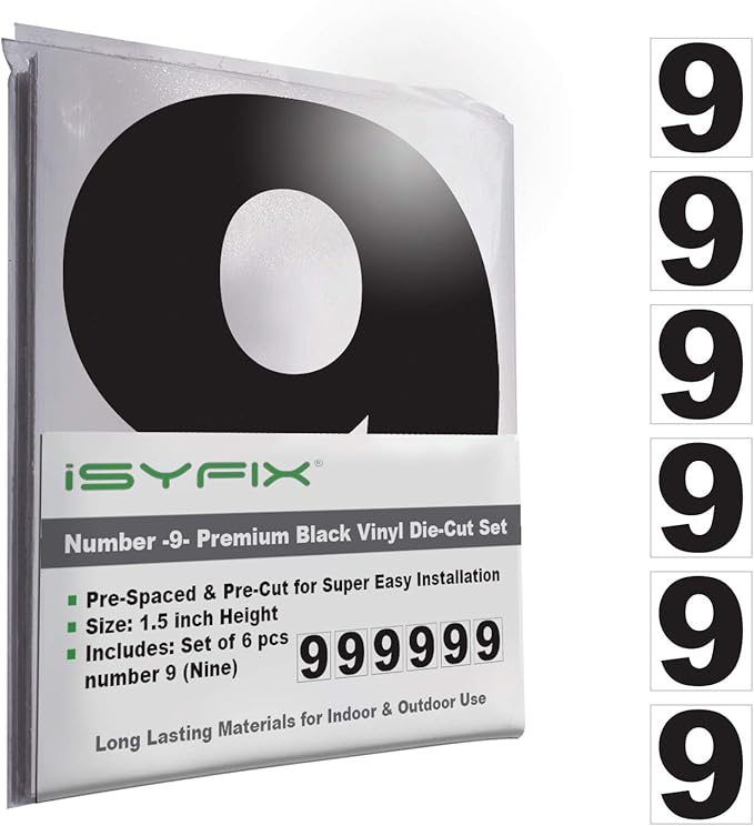 Amazon.com: Black Vinyl Number 9 (Nine) Stickers – 6 Pack 1.5-Inch Self ...
