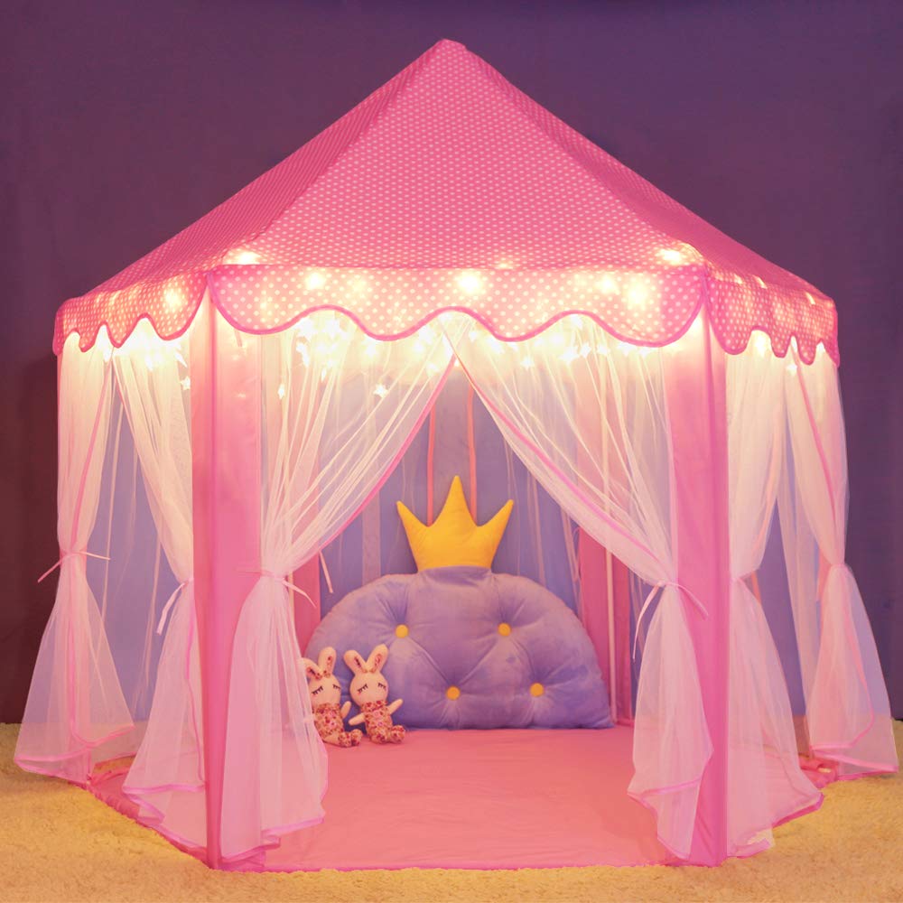 Large Princess Castle Tent With Lights String For Girls Room Kids Play ...