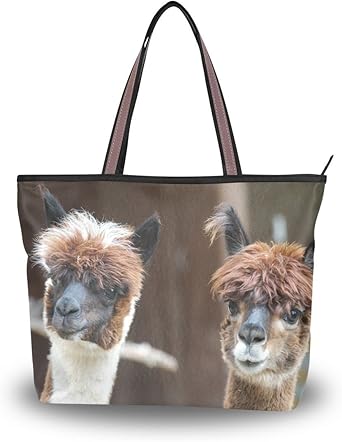 Two Alpacas Tote Bags Women's Stylish Travel Totes Fabric Zippered Tote ...