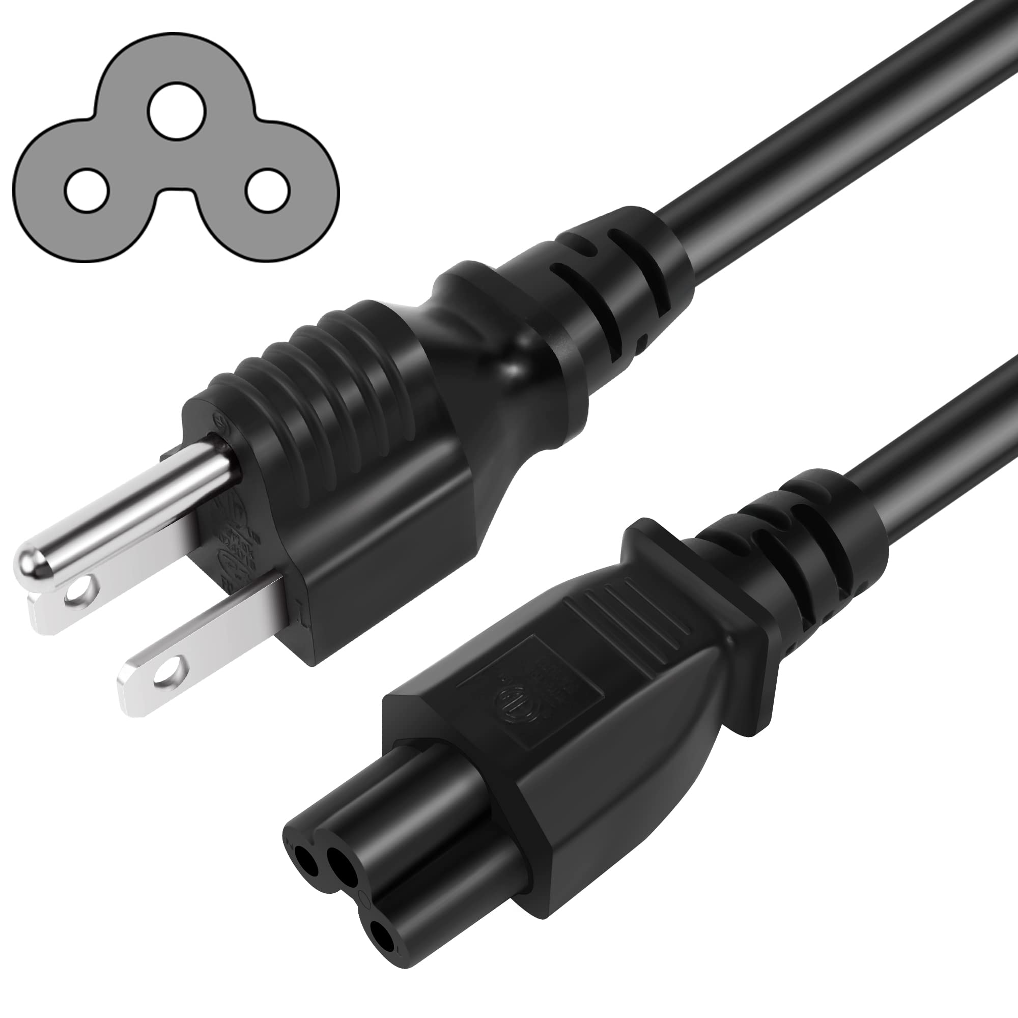 3 Prong AC Laptop Power Cord 15 Feet, NEMA 5-15P to C5 (Mickey Mouse) 10A 125V 18AWG, IEC-60320 ...