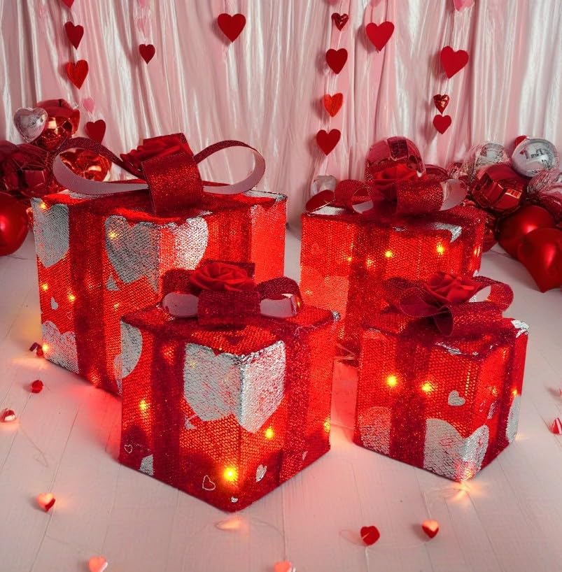 Tngan Valentines Day Decor Lighted Gift Boxes, Set of 4 Valentine's Day ...