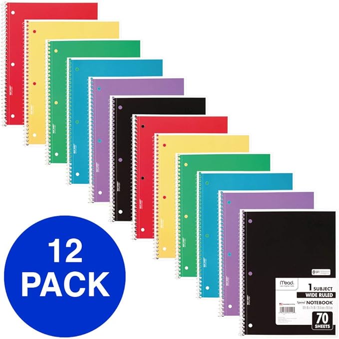 Mead Spiral Notebooks, Wide Ruled, 70 Sheets, Assorted Colors, 12 Pack ...